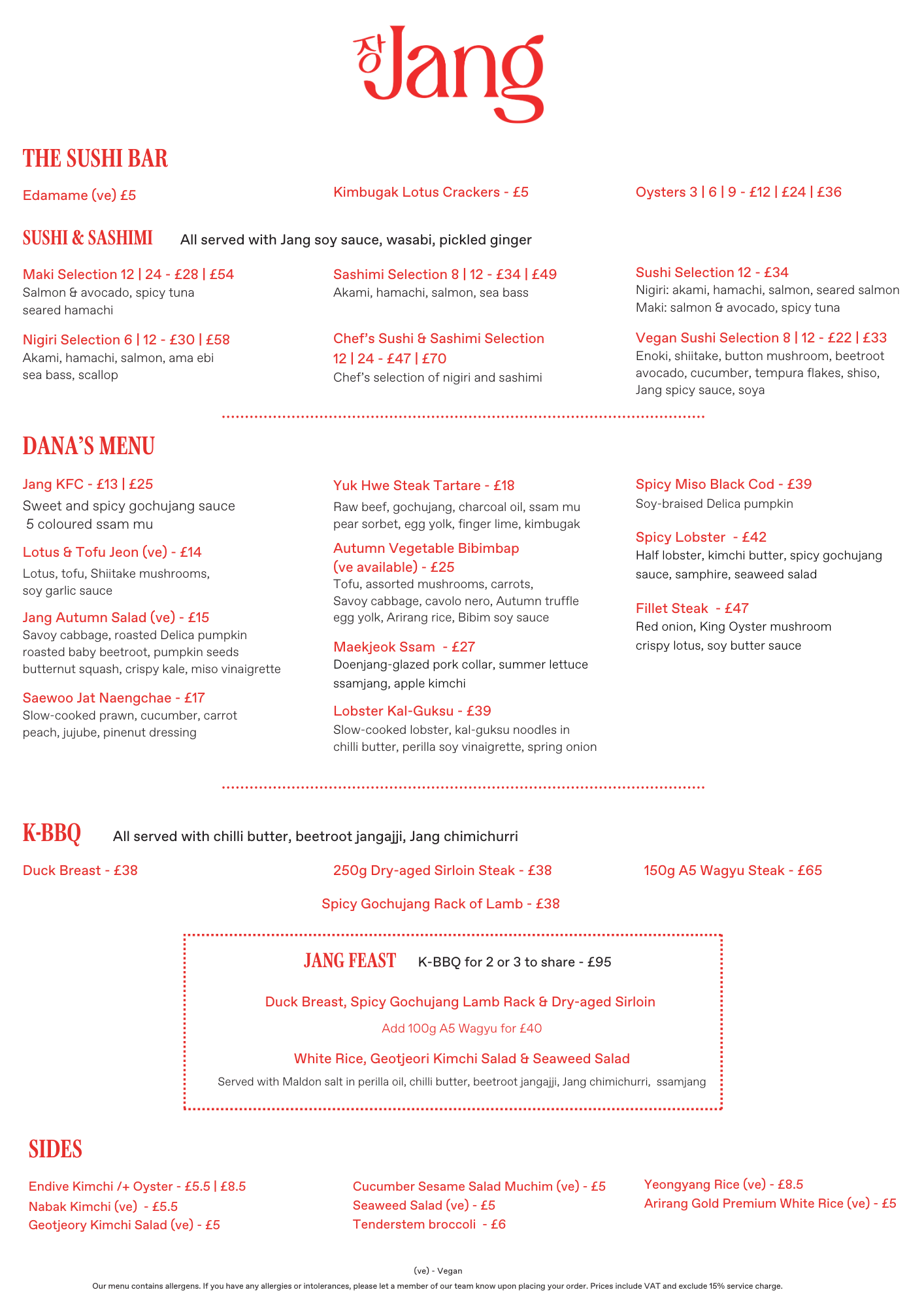 Menus for Jang Korean & Japanese Restaurant, City of London